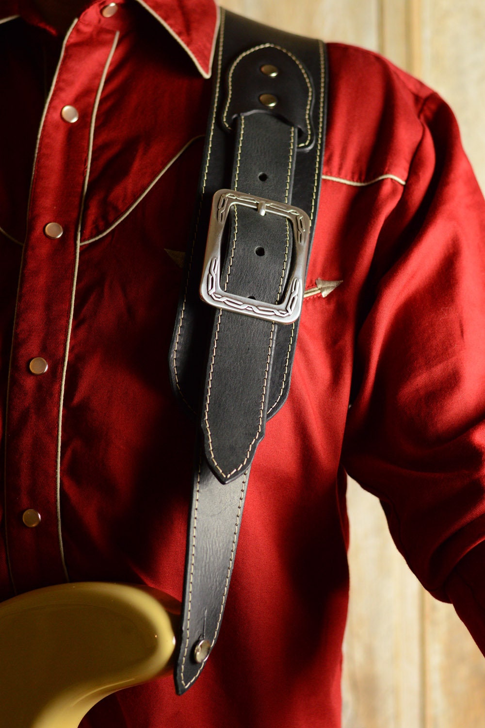 Black Leather Guitar Strap With Buckle Bs82 3 Inch Width Etsy