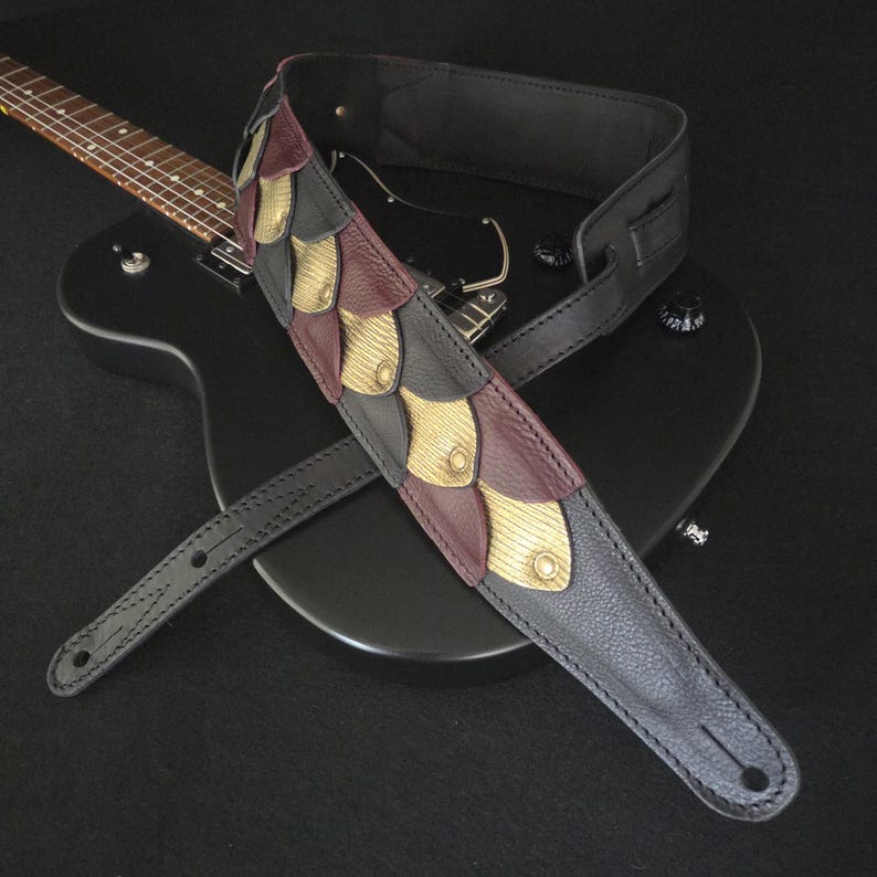 Dragonskin Padded Leather Guitar Strap, Claret Red, Black & Gold, Hand ...