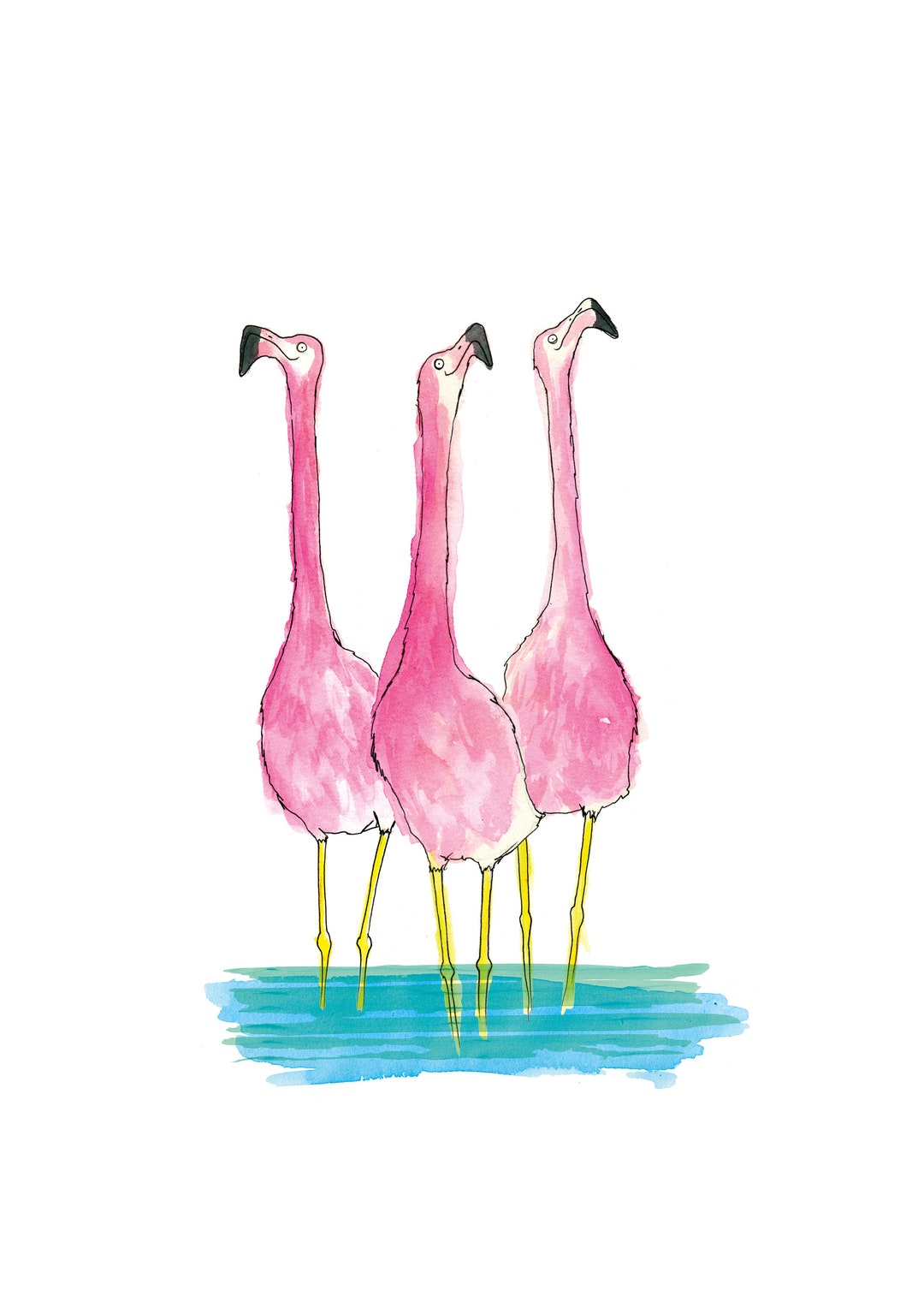 Flamingos HQ Fine Art Print of Original Watercolour, Pen & Ink Painting ...