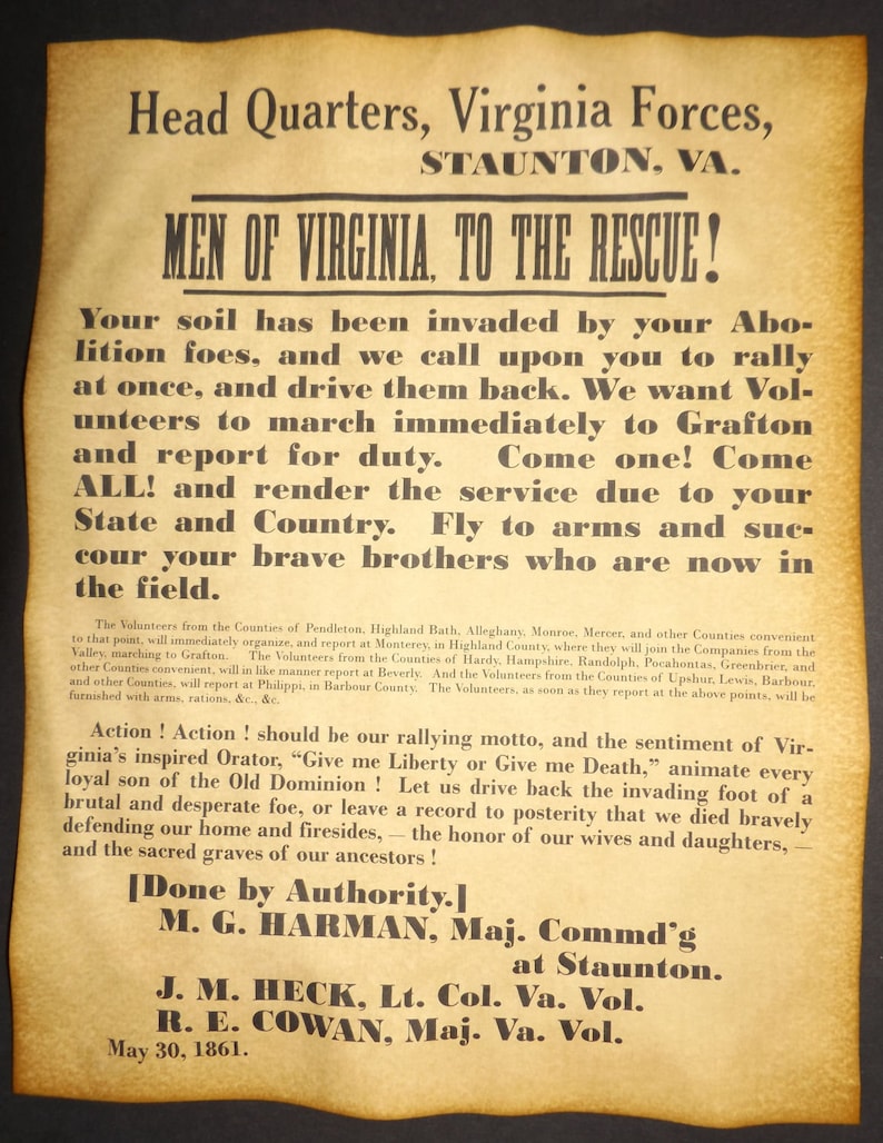 Set of 5 Confederate Civil War Recruiting Posters Virginia - Etsy