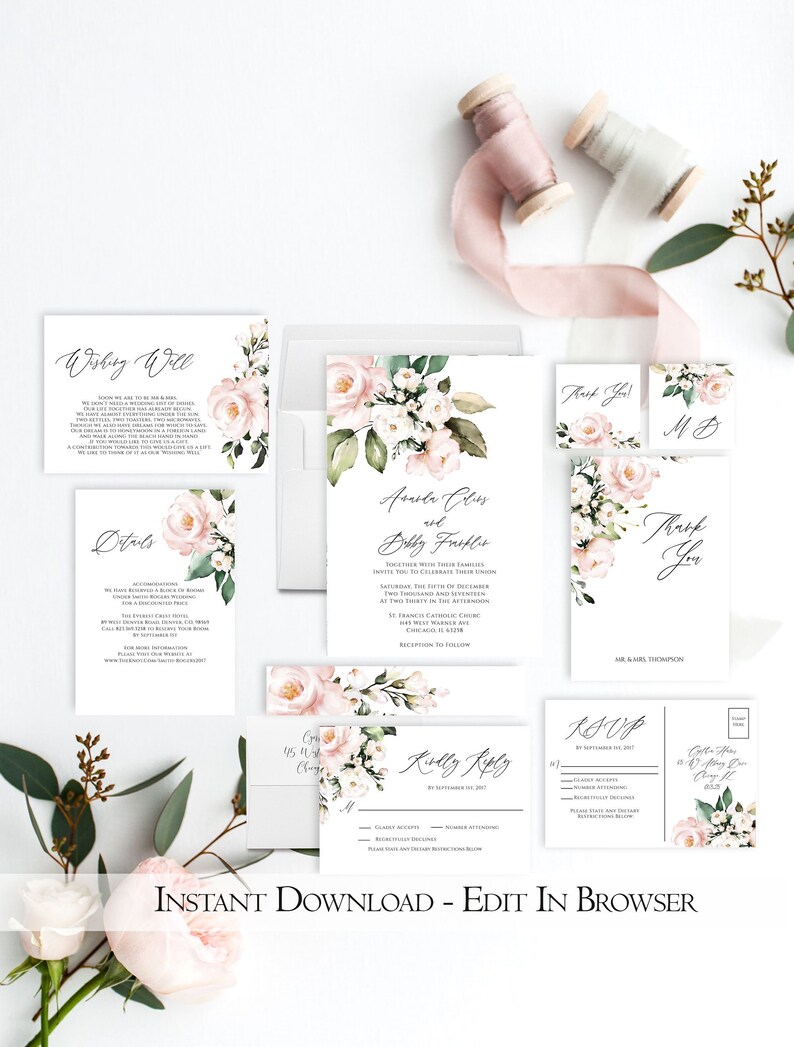 Blush Floral Wedding Invitation Download Editable White Etsy