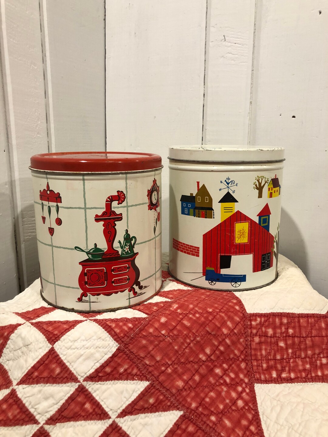 Vintage Red & White Metal Canister Farmhouse - Etsy