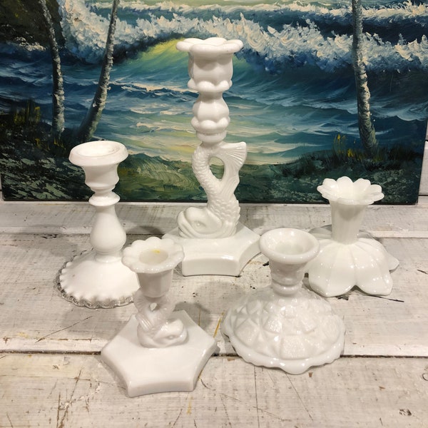 Milk Glass Dolphin Candlesticks - Etsy