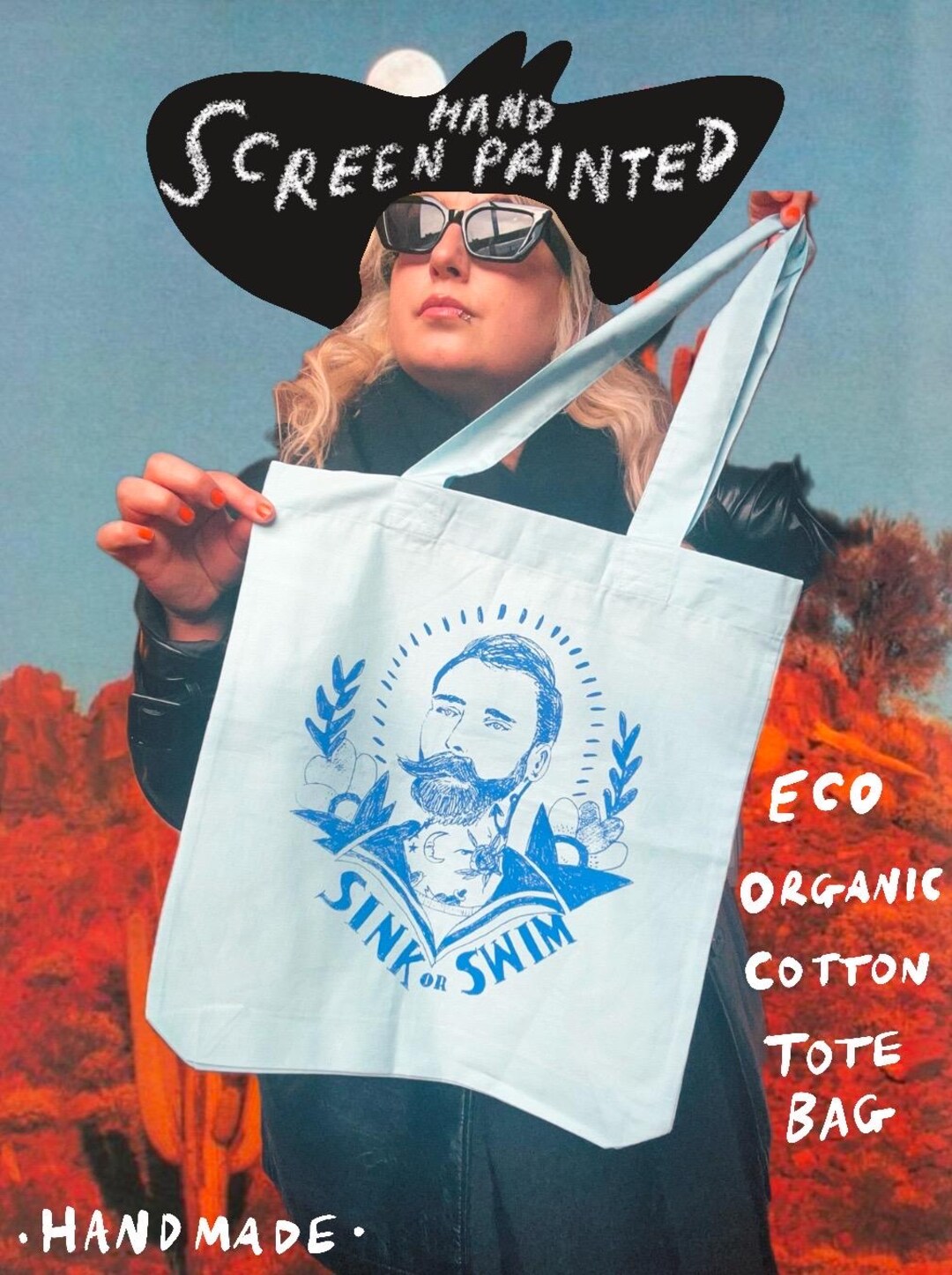 Handmade Screen Printed Tote Bag: Nautical Tattoo Design, Eco Friendly ...
