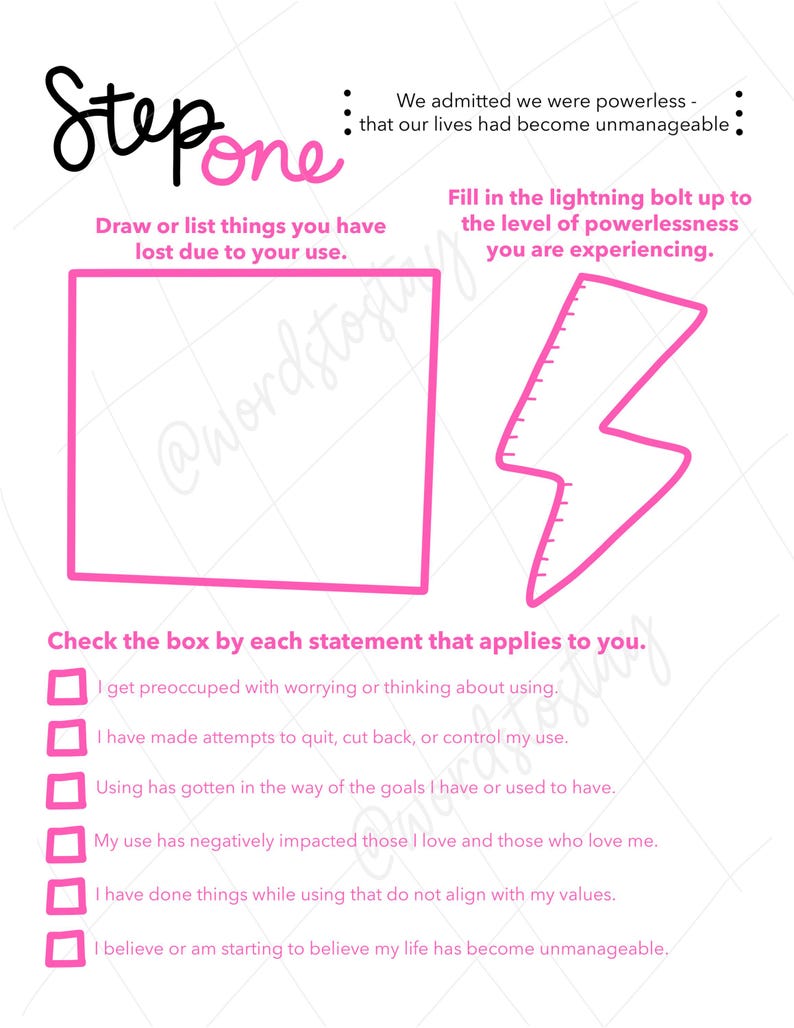 Step One Worksheet - 12 Steps of Recovery AA NA Cute Fun Colorful ...