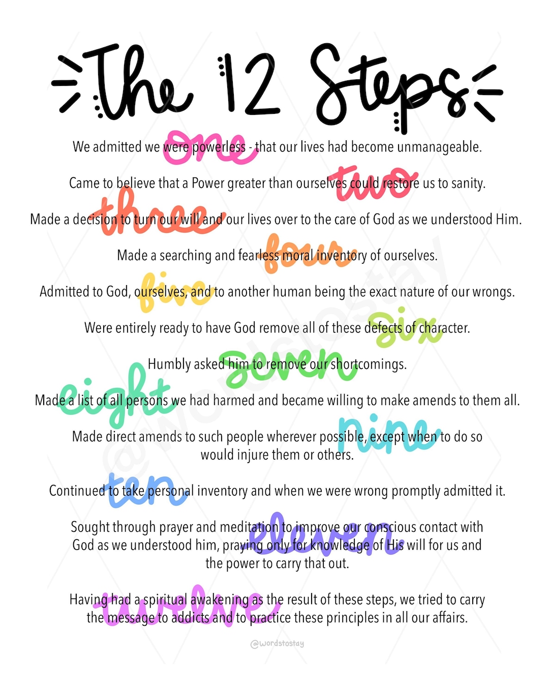 The 12 Steps of Recovery AA NA Cute Colorful Printable File PNG 8.5x11 ...