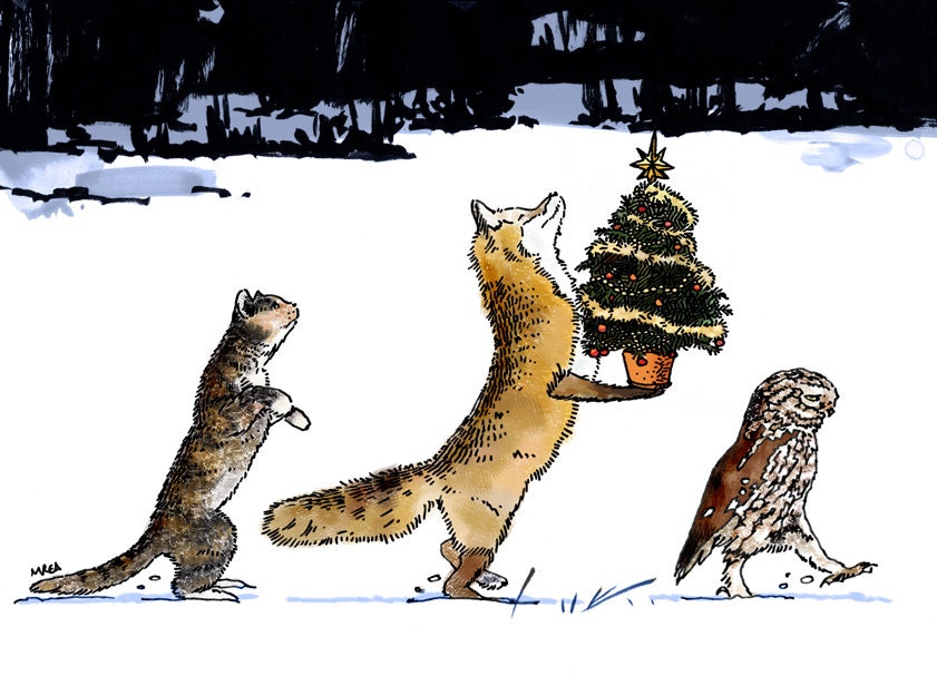 Animal Christmas Card, Cat, Fox & Owl in Snow Greeting Card, Cute ...