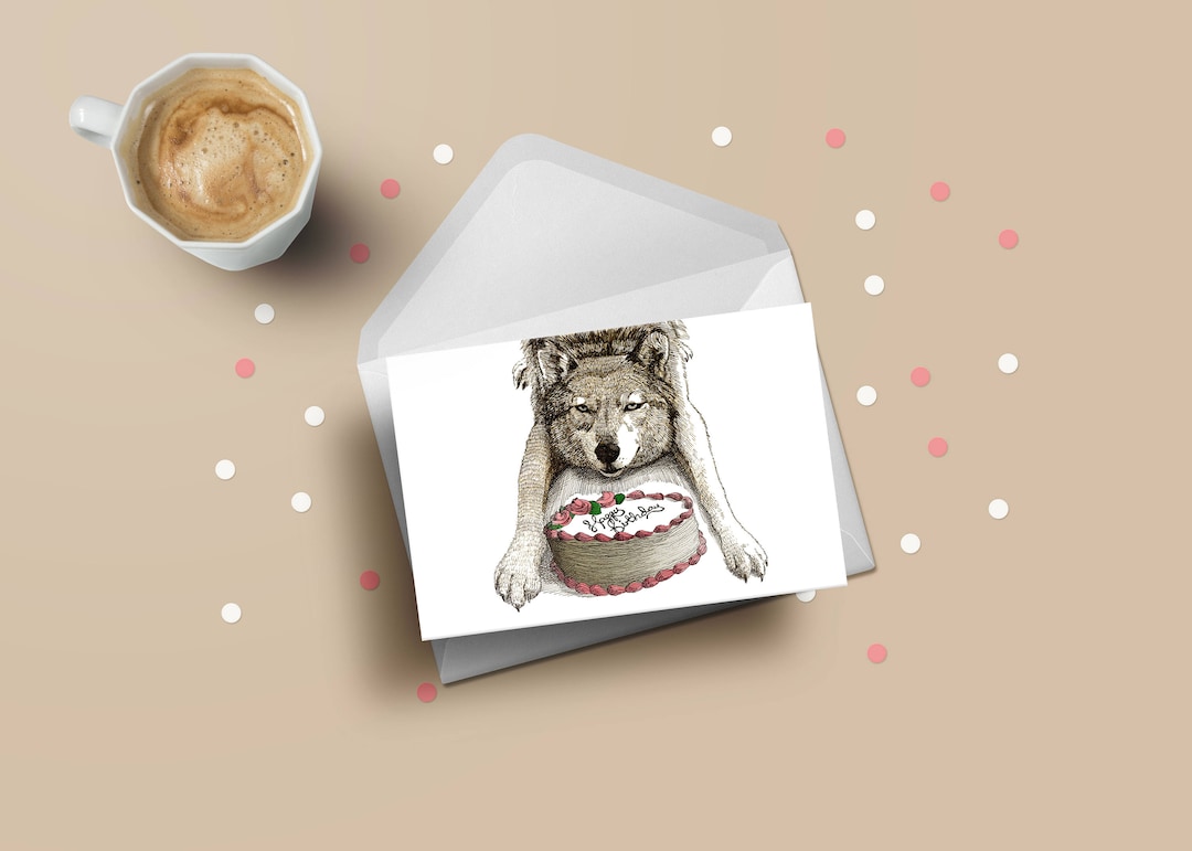 Wolf Birthday Greeting Card Woodland Cute Animal Cake Card, Unique Gift ...