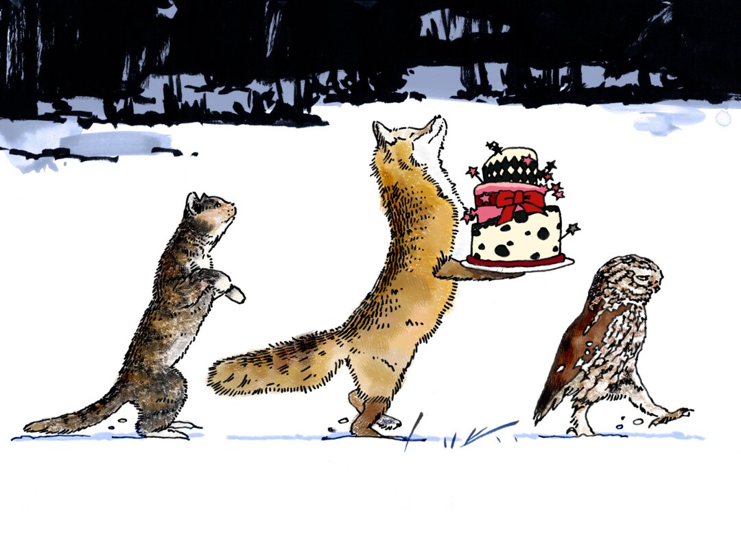 Animal Christmas Art Print, Cute Cat, Owl and Fox in Winter Snow ...