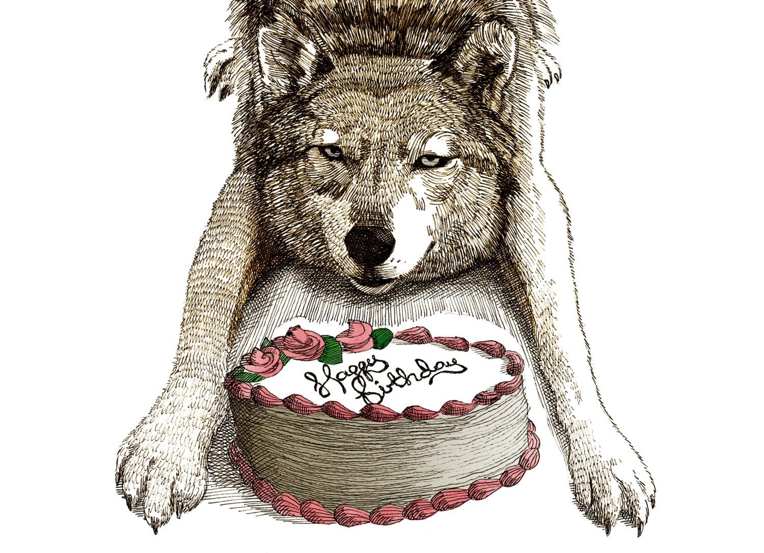 Wolf Birthday Greeting Card Woodland Cute Animal Cake Card | Etsy