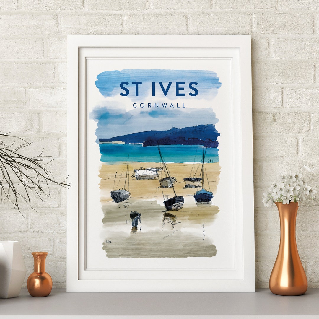 Cornwall St Ives Beach Drawing Print Harbour Boat Family - Etsy