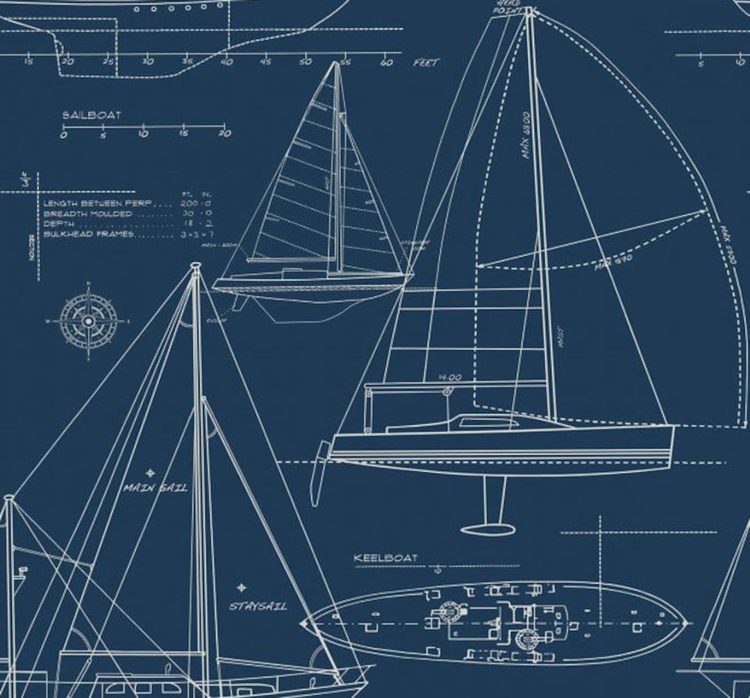 Yacht Blueprint Navy Wallpaper - Etsy