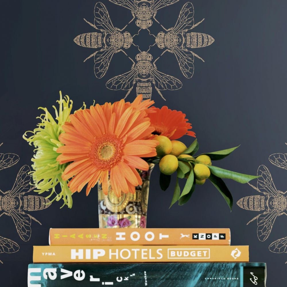 Navy Bee Insect Prepasted Wallpaper - Etsy