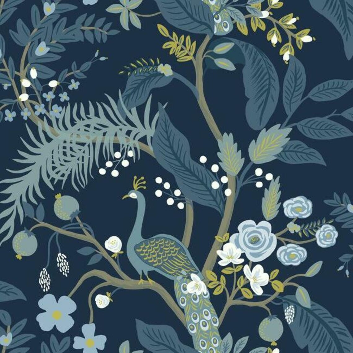 Navy Floral Peacock Wallpaper - Etsy