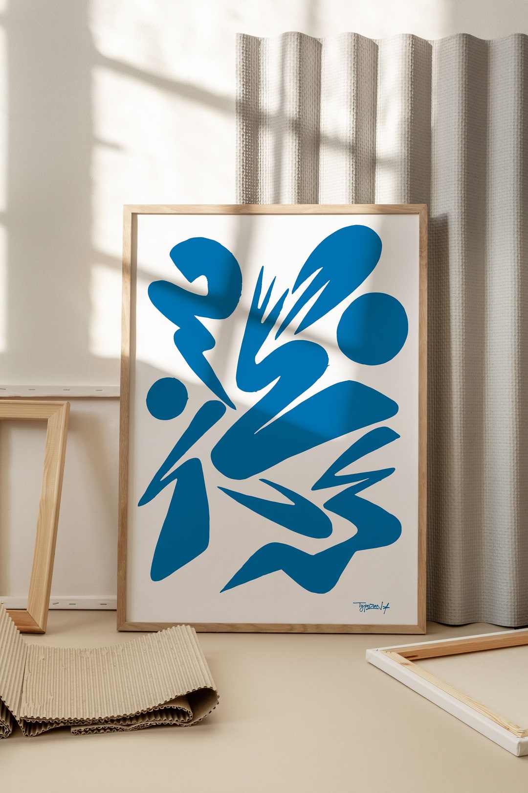 Blue Abstract Shapes Print Mid Century Geometric Organic Royal Blue ...