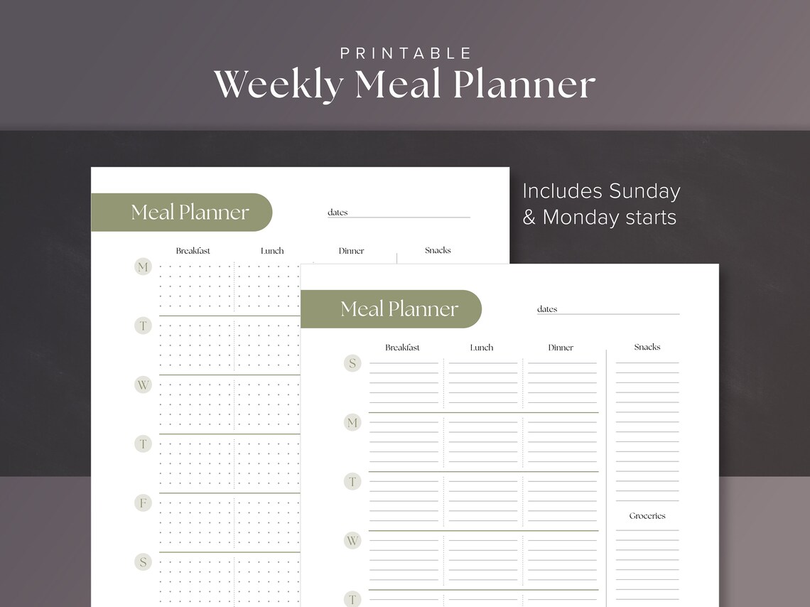 Printable Weekly Meal Plan With Snack and Grocery List/ Daily Menu ...