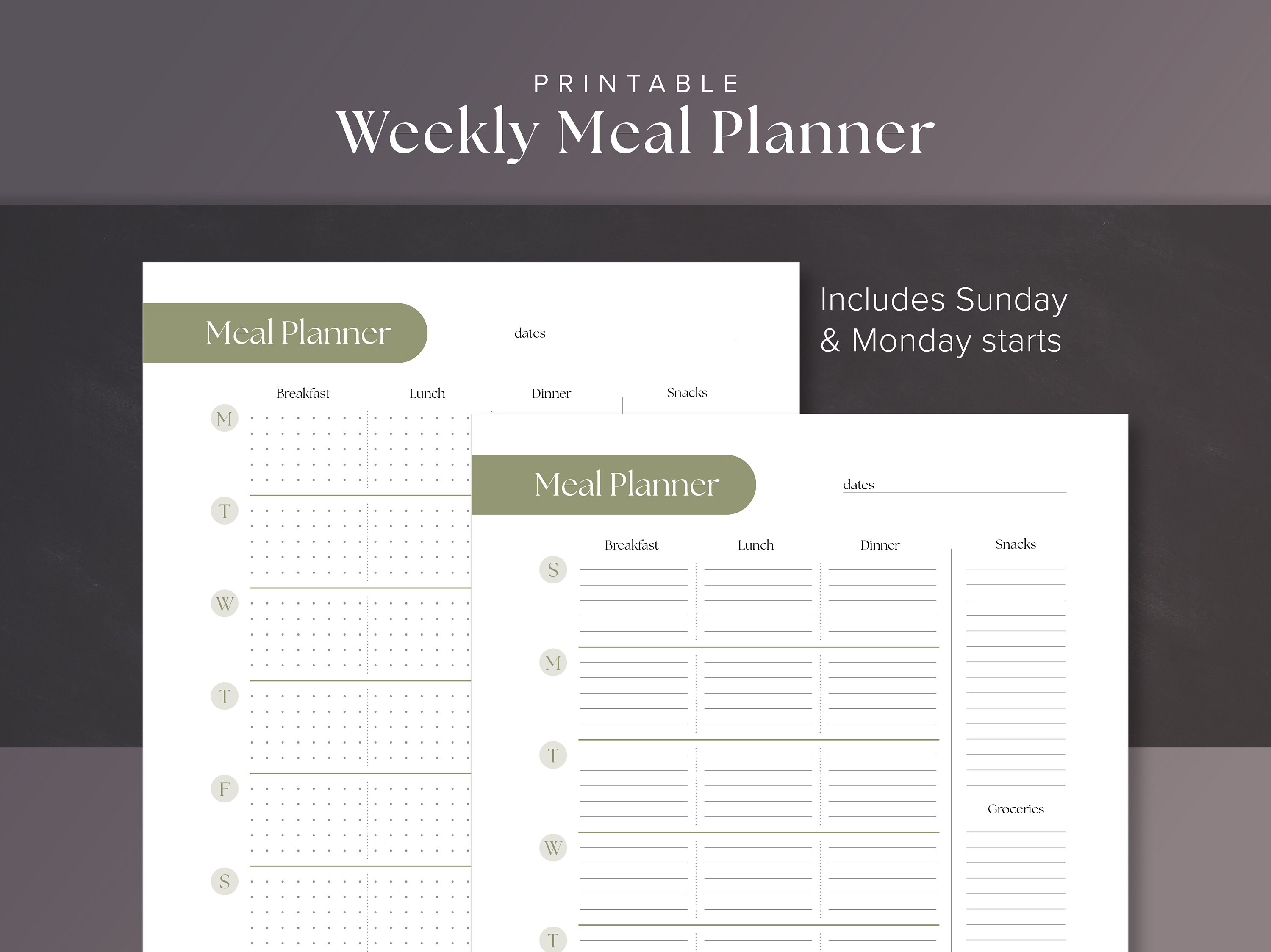 Printable Weekly Meal Plan With Snack and Grocery List/ Daily Menu ...