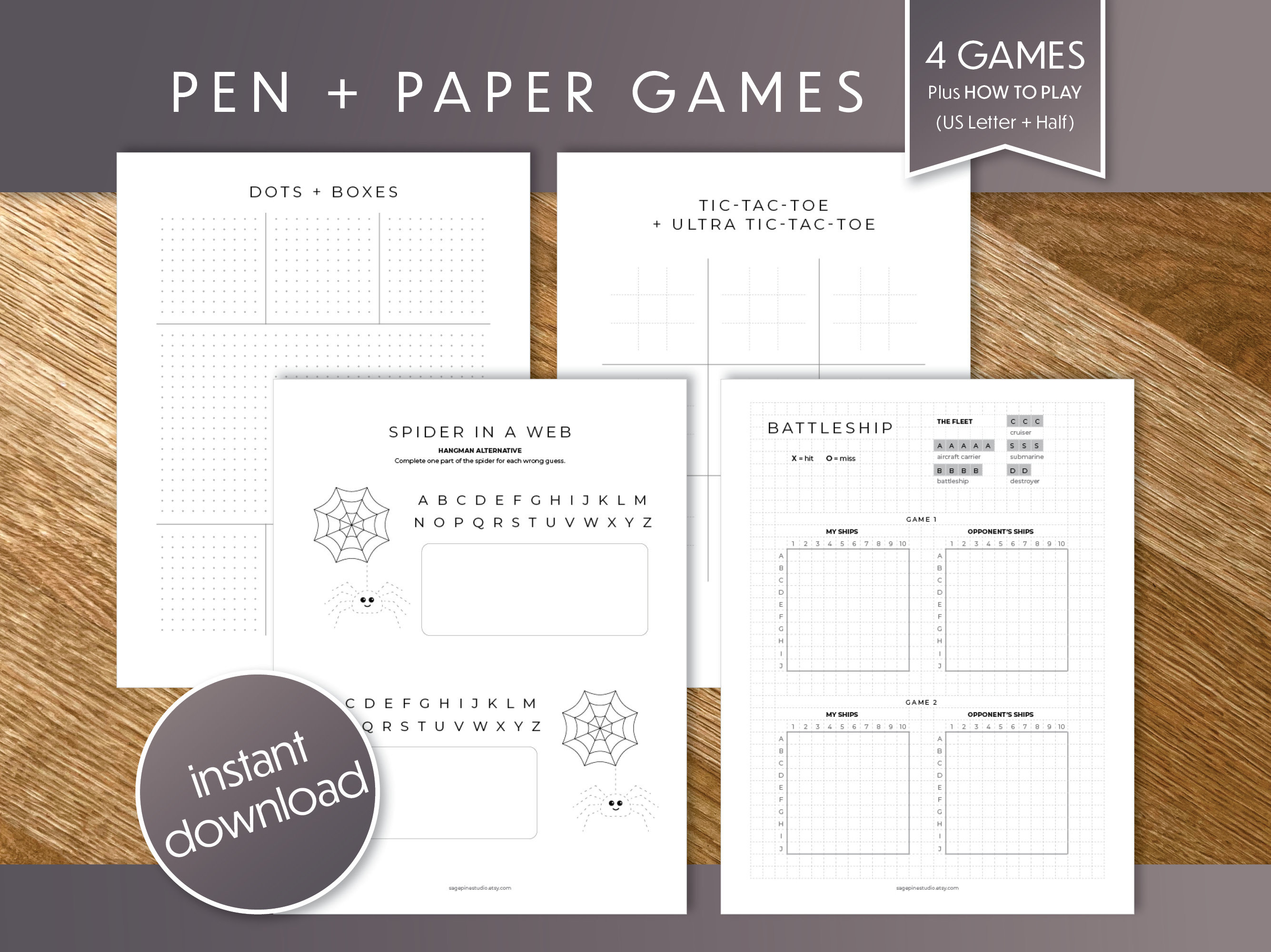 Printable Pen & Paper Game Bundle / Battleship, Tic Tac Toe, Dots ...