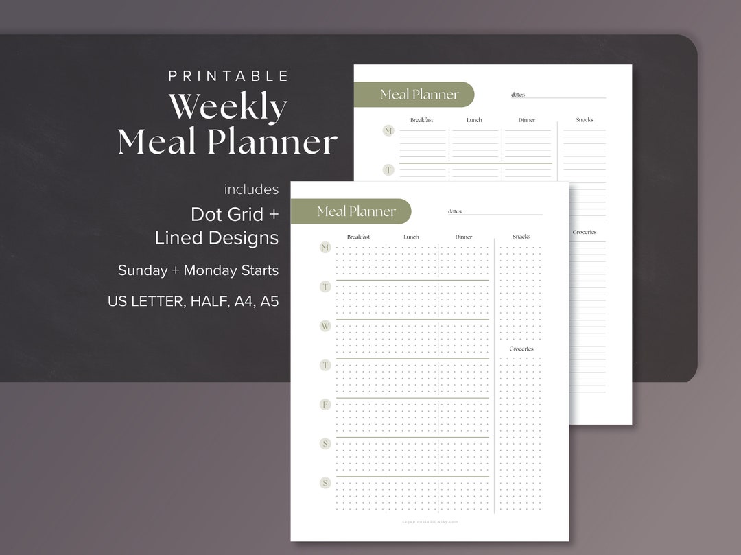 Printable Weekly Meal Plan With Snack and Grocery List/ Daily Menu ...