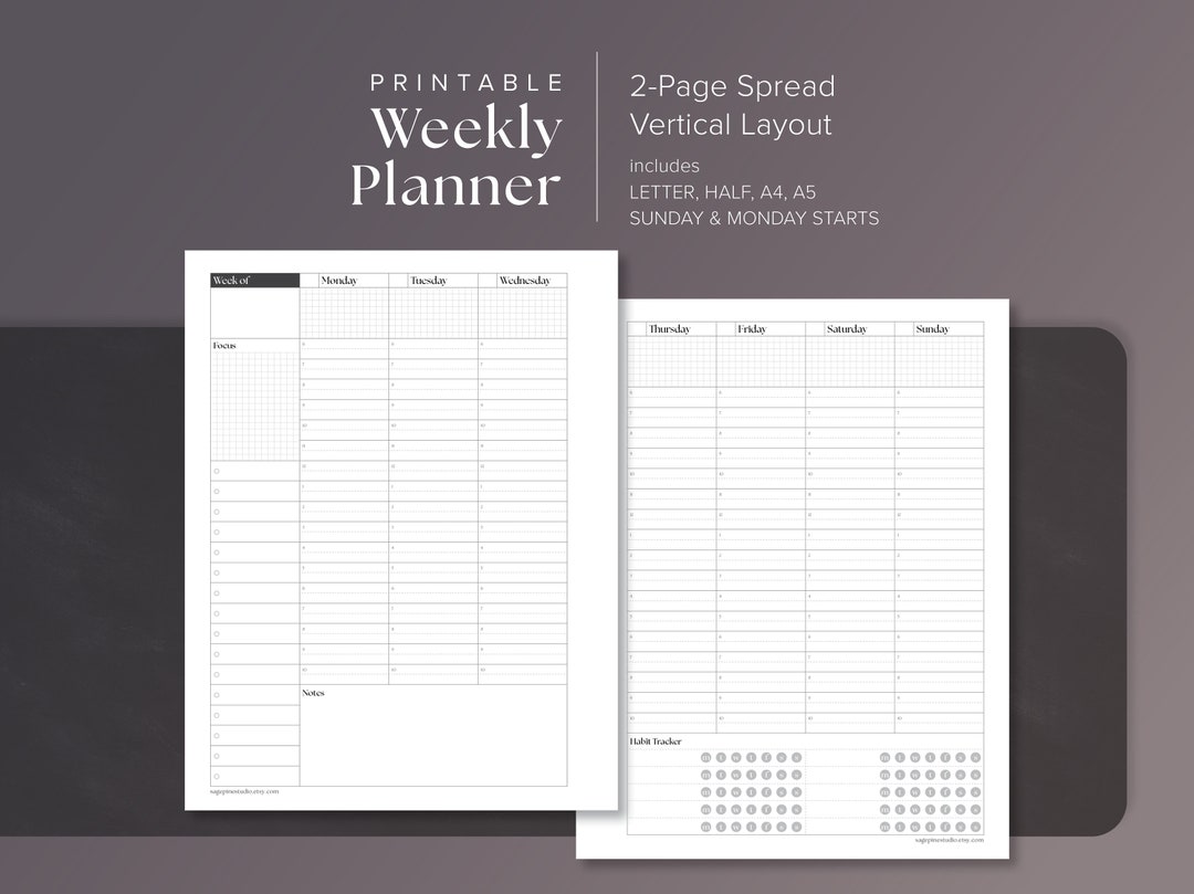 2-page Printable Weekly Planner / Vertical Layout / to Do, Habit ...