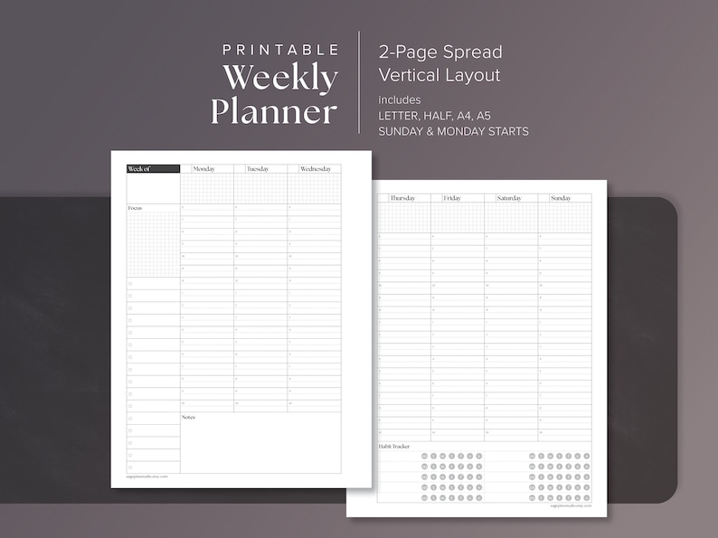 2-page Printable Weekly Planner / Vertical Layout / to Do, Habit ...