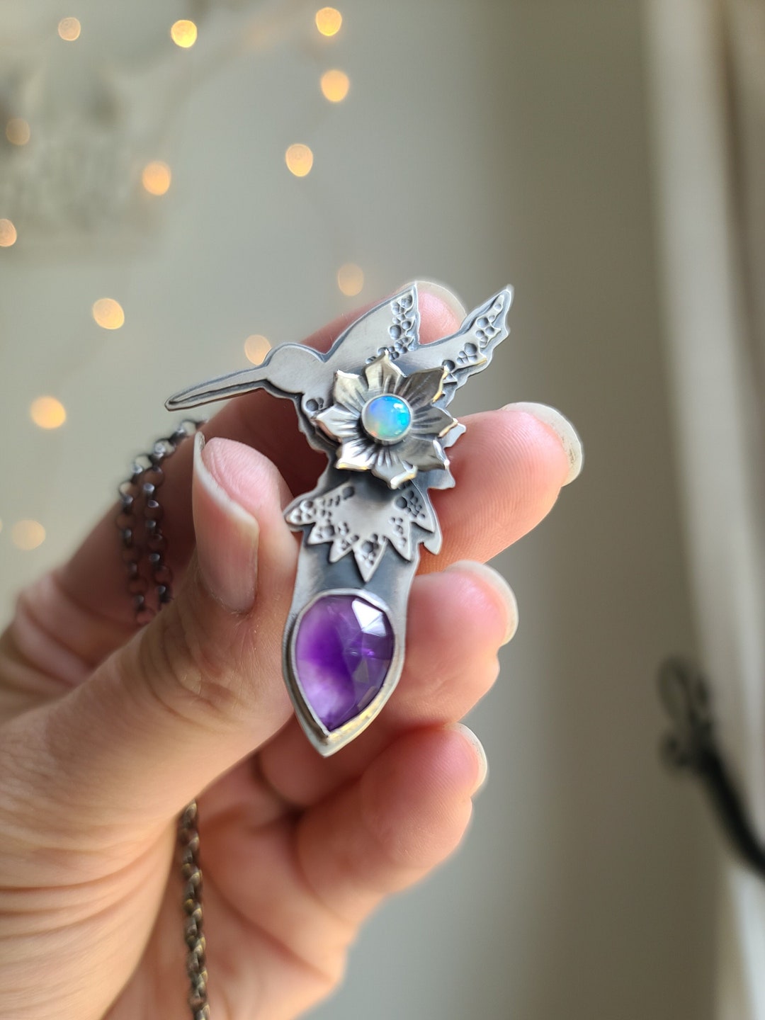 The Hummingbird. Natural Ethiopian Opal, Amethyst and Moonstone. Floral ...