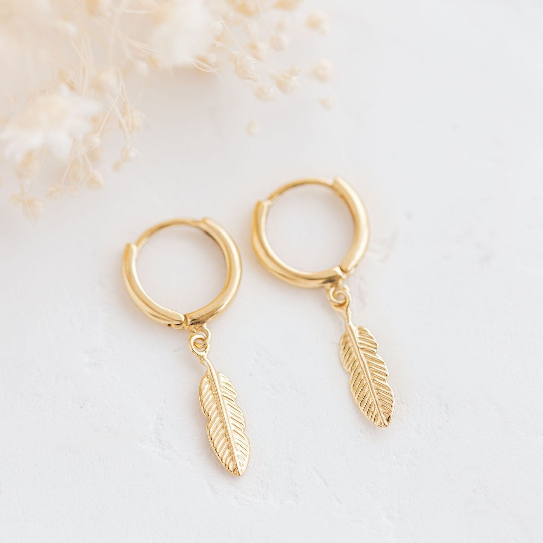 Gold Feather Huggies • Silver Feather Hoops • Dainty Gold Huggies ...