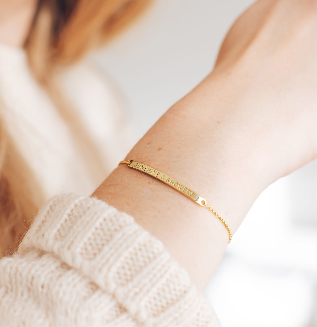 Gold Bar Bracelet | Custom Name Bracelet | Gold Engraved Bracelet ...