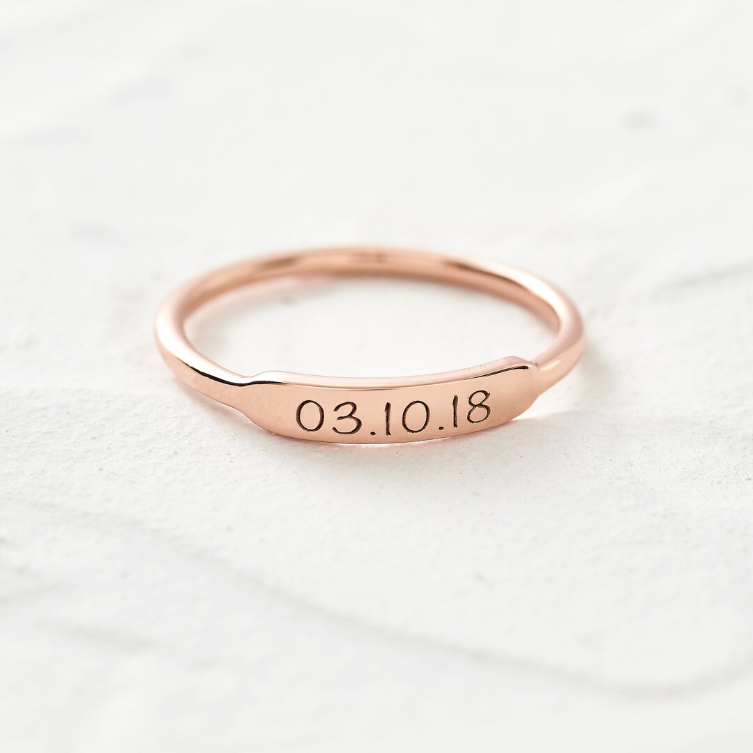 Rose Gold Personalised Bar Ring | Custom Date Ring | Coordinates Ring ...