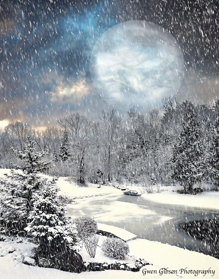Snowy Winter Moon, Christmas Card, Enchanting Winter, Winter Pond Snow ...