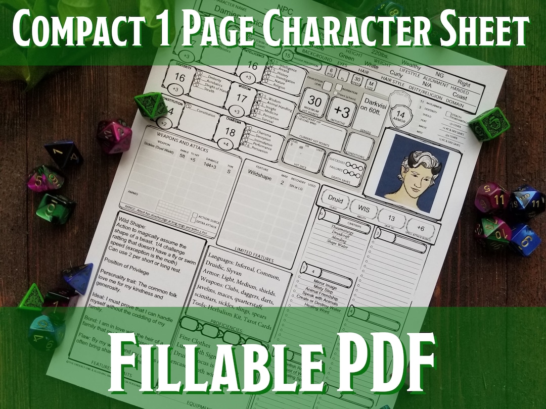 D&D Small Character Sheet NPC Sheet| 1 Page | Printable Fillable PDF ...