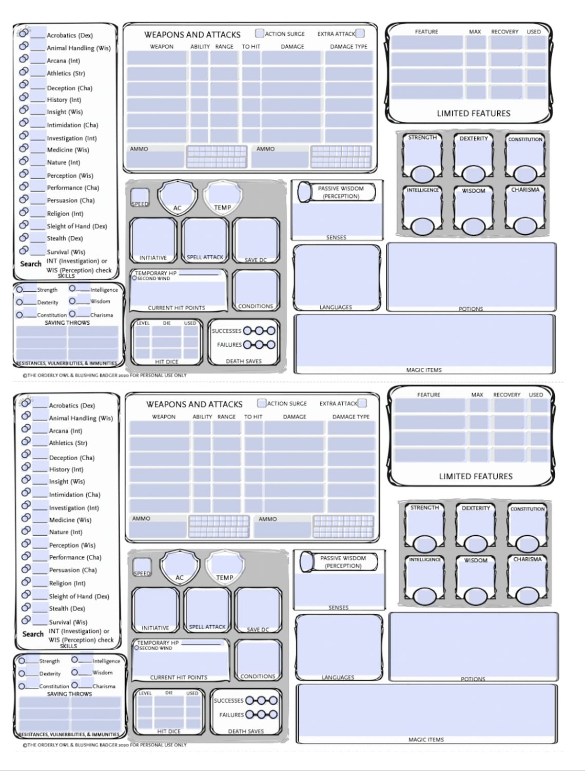 D&D Mini Character Sheet Half-Caster Laminated Wet Erase/Dry | Etsy