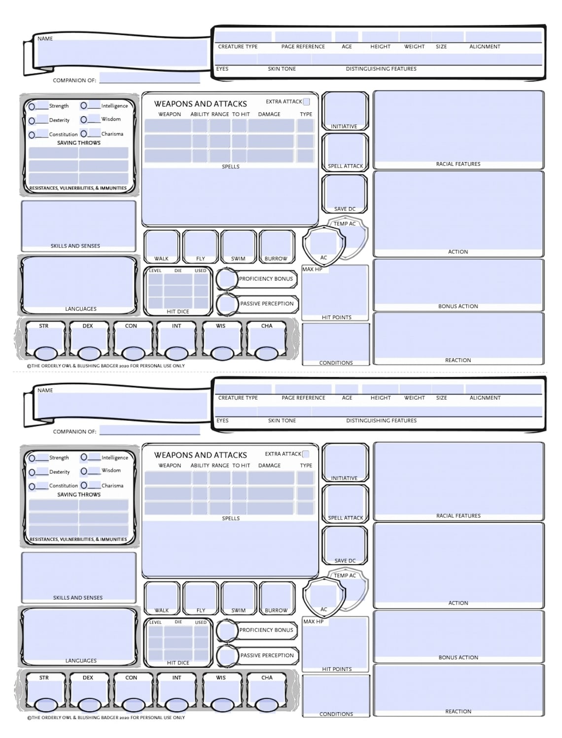 D&D Familiar Animal Companion Character Sheet | Printable Fillable PDF ...