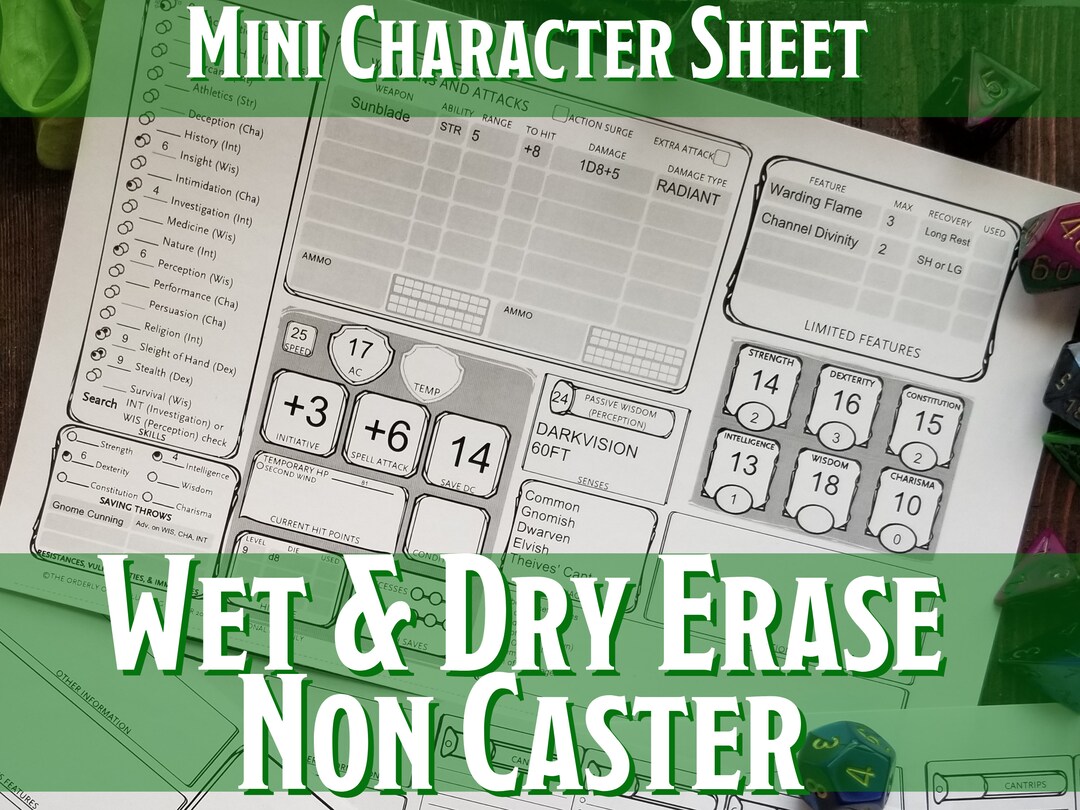 D&D Mini Character Sheet Non-caster | Laminated Wet Erase/dry Erase ...