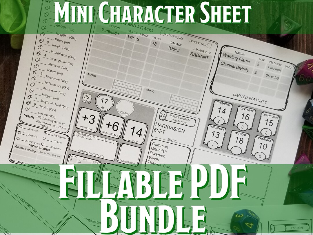 D&D Mini Character Sheet Bundle | Printable Fillable PDF| Dungeons and ...