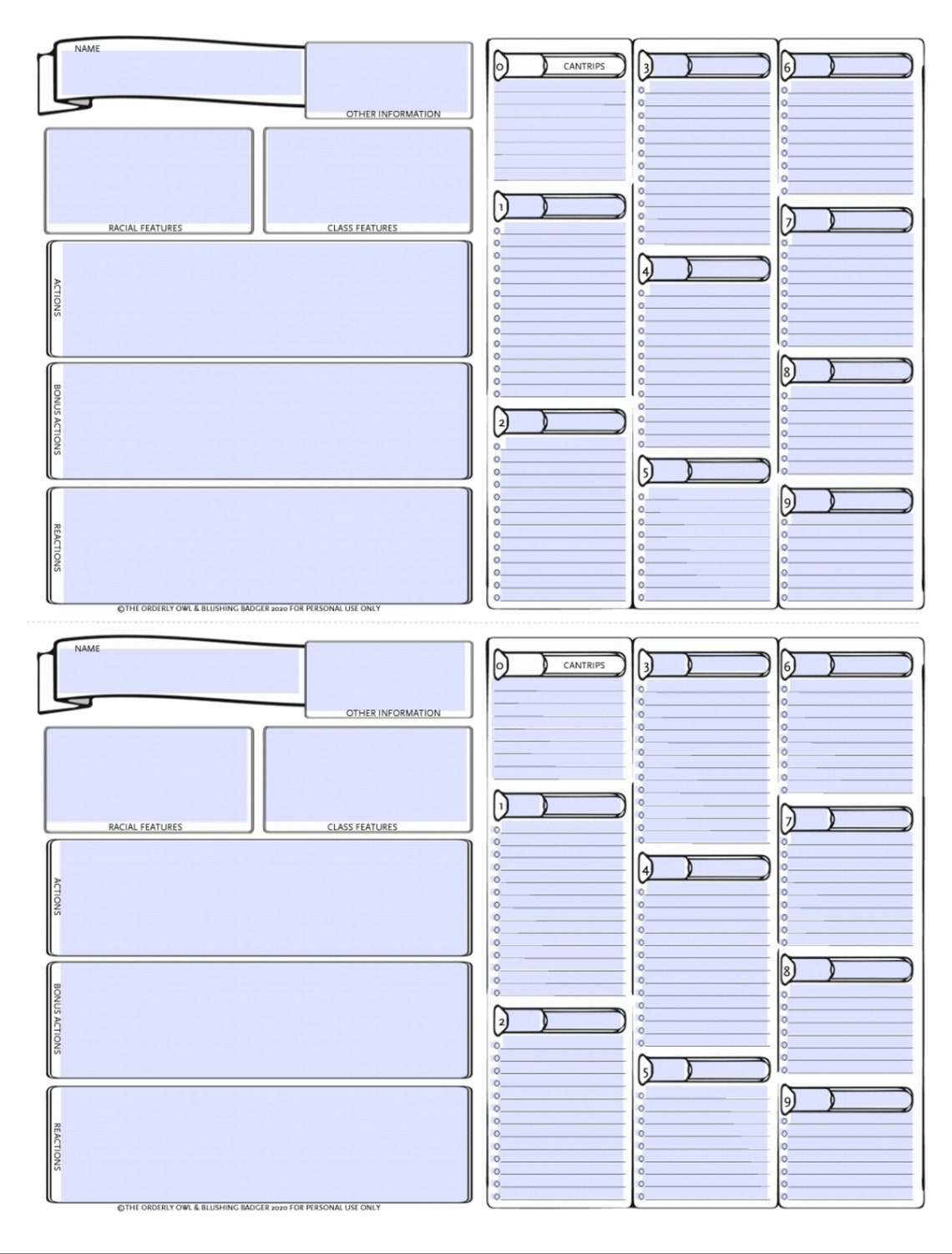 D&D Mini Character Sheet Full Caster Printable Fillable PDF - Etsy
