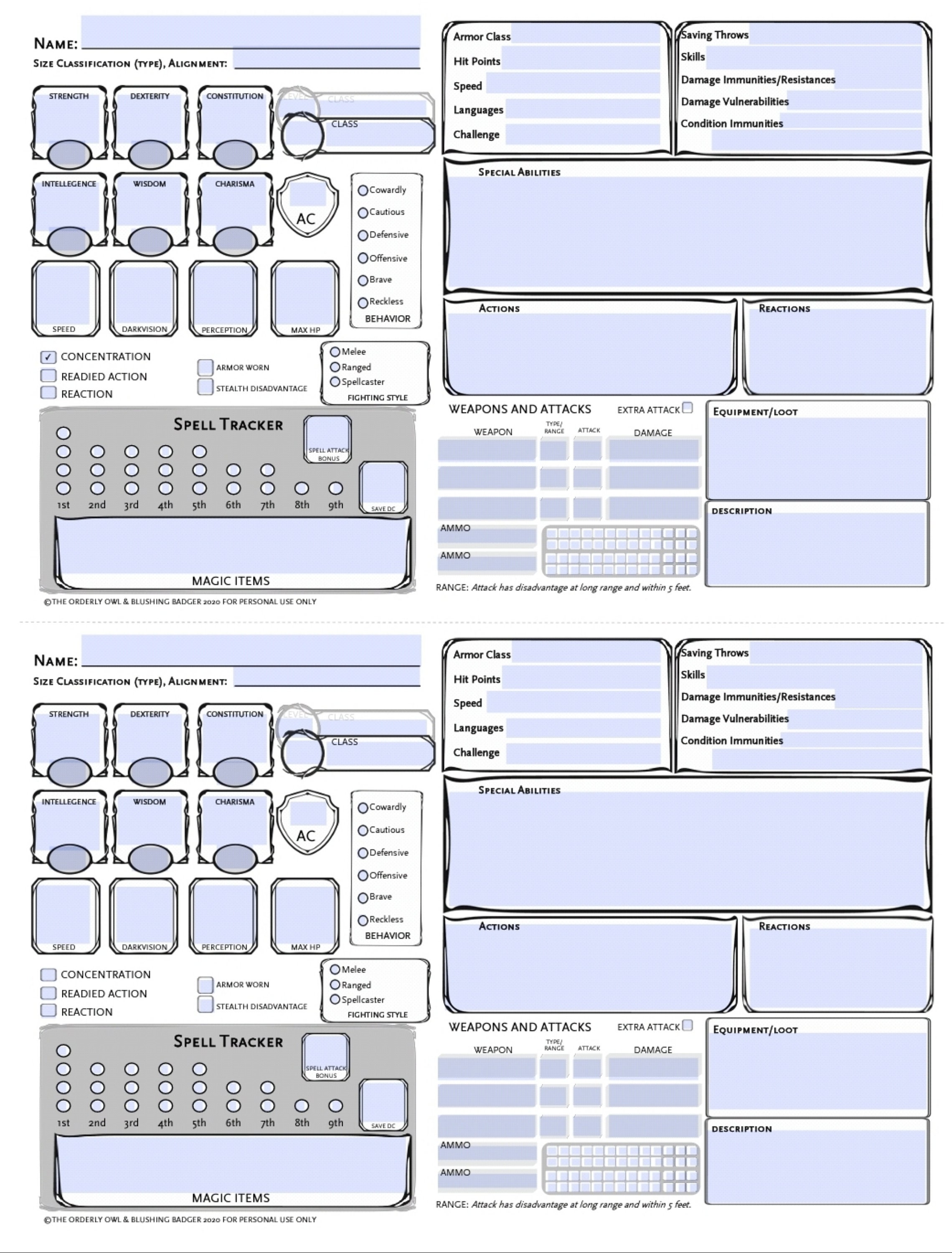 D&D Monster NPC Stat Cards Printable Fillable PDF Dungeons | Etsy
