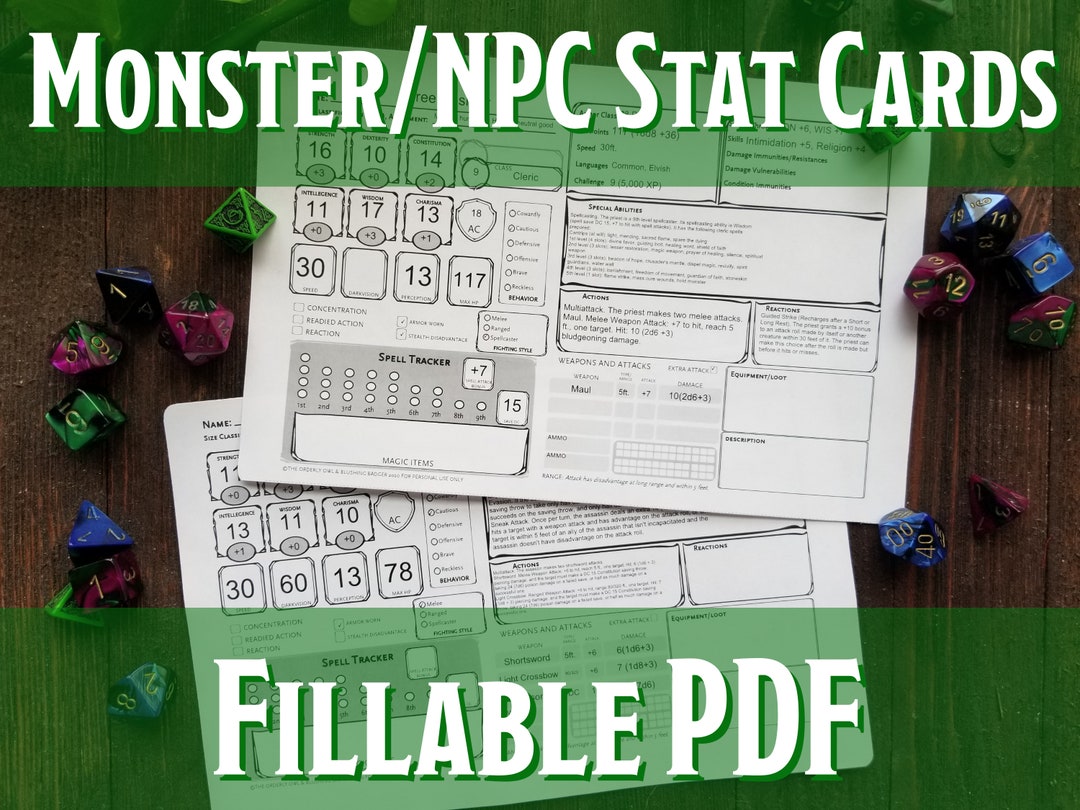 D&D Monster NPC Stat Cards | Printable Fillable PDF| Dungeons and ...