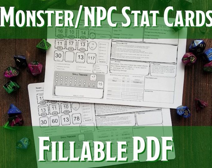 D&D Monster NPC Stat Cards | Printable Fillable PDF| Dungeons and ...