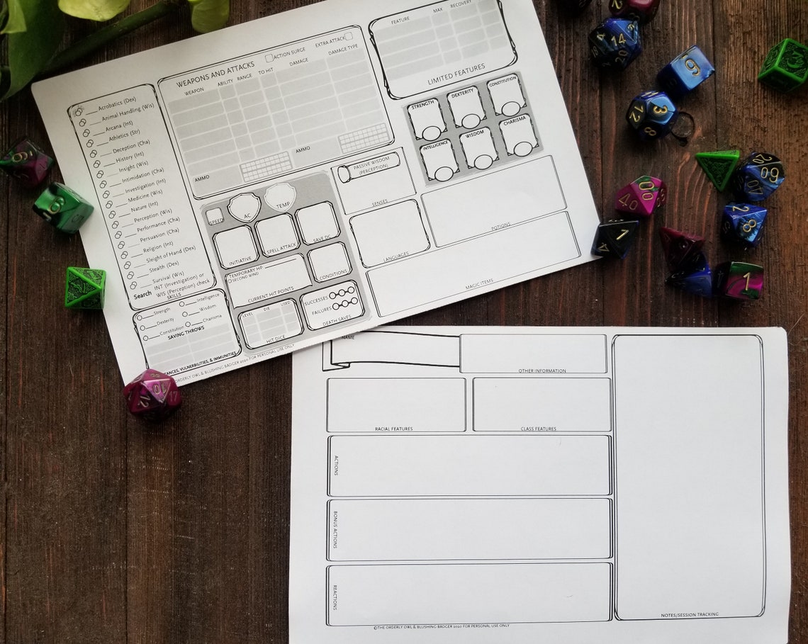 D&D Mini Character Sheet Non-Caster Laminated Wet Erase/Dry | Etsy