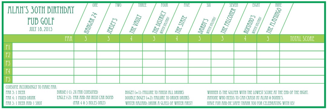 Pub Golf Scorecard - Custom Printable - Etsy