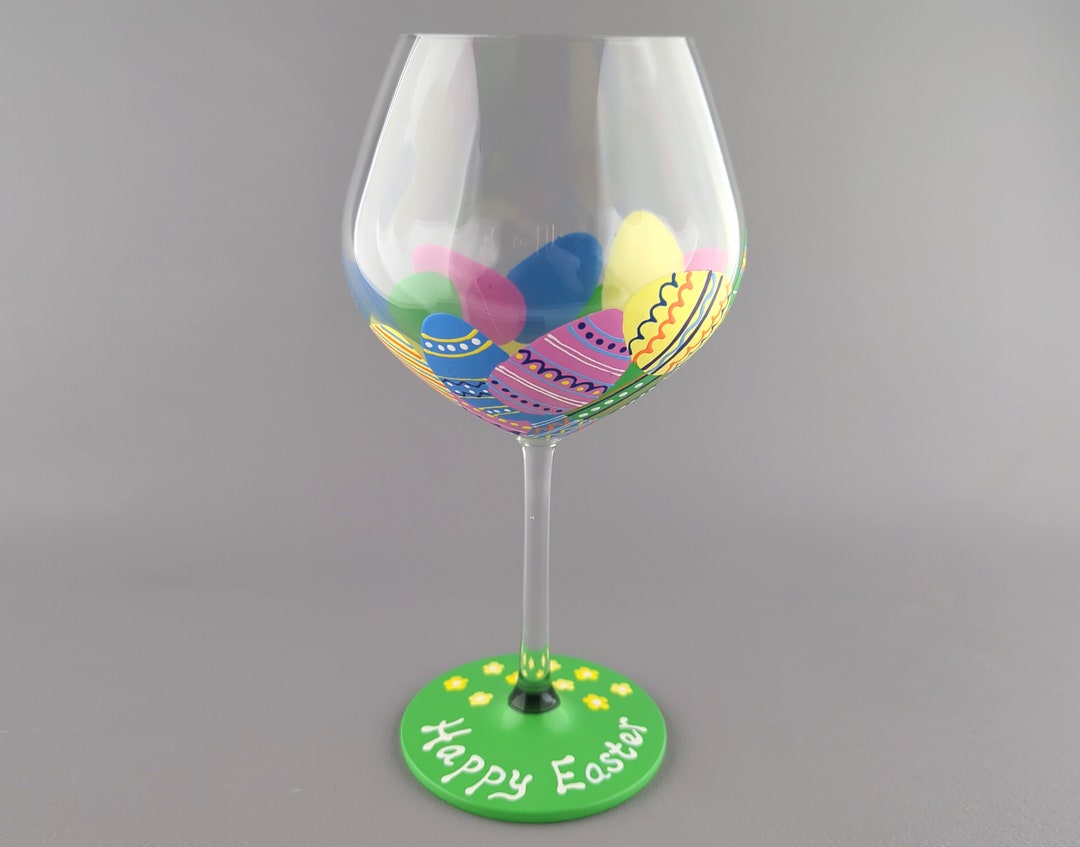 Happy Easter Wine Glass - Hand Painted - Fun Decorated Pile of Eggs ...