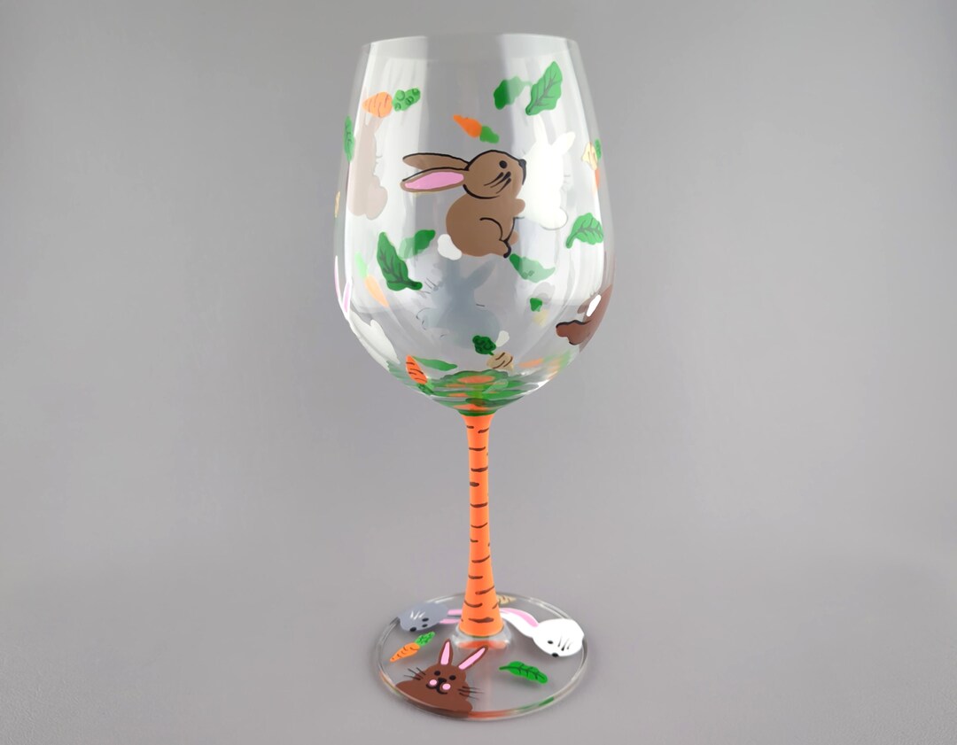 Bunny Themed Wine Glass - Hand Painted - Rabbits Having Fun & Their ...