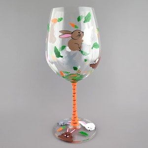 Bunny Themed Wine Glass - Hand Painted - Rabbits Having Fun & Their ...
