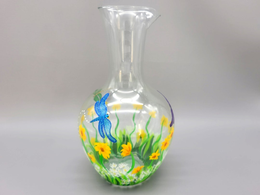 Meadow Flowers and Dragonfly Glass Pitcher - Hand Painted - Iced Tea ...