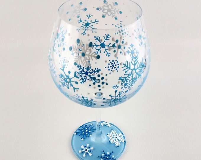 Snowflake Hand Painted Wine Glass Blue & White Snow Flakes | Etsy