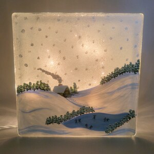 Winter Snow Scene Lighted Glass Block - Pine Trees, Cabin, Lake, Ice ...