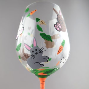 Bunny Themed Wine Glass - Hand Painted - Rabbits Having Fun & Their ...