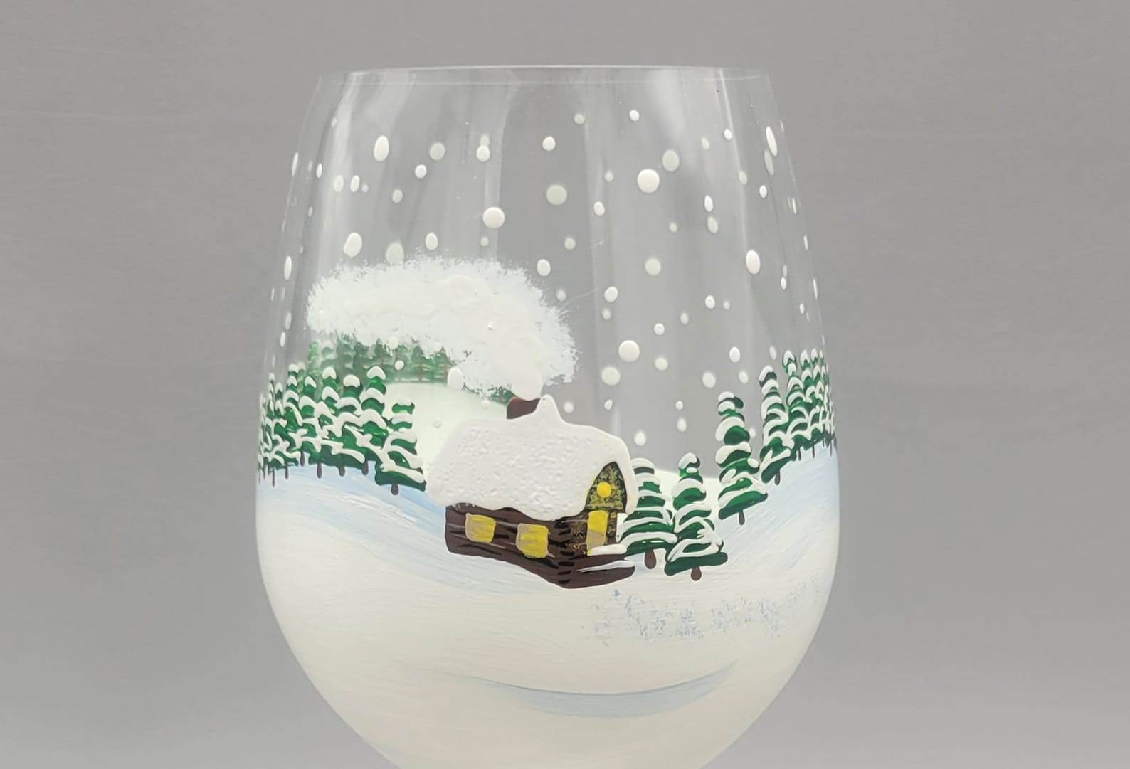 Winter Cabin Scene Wine Glass - Stemless - Hand Painted - Snow, Pine ...
