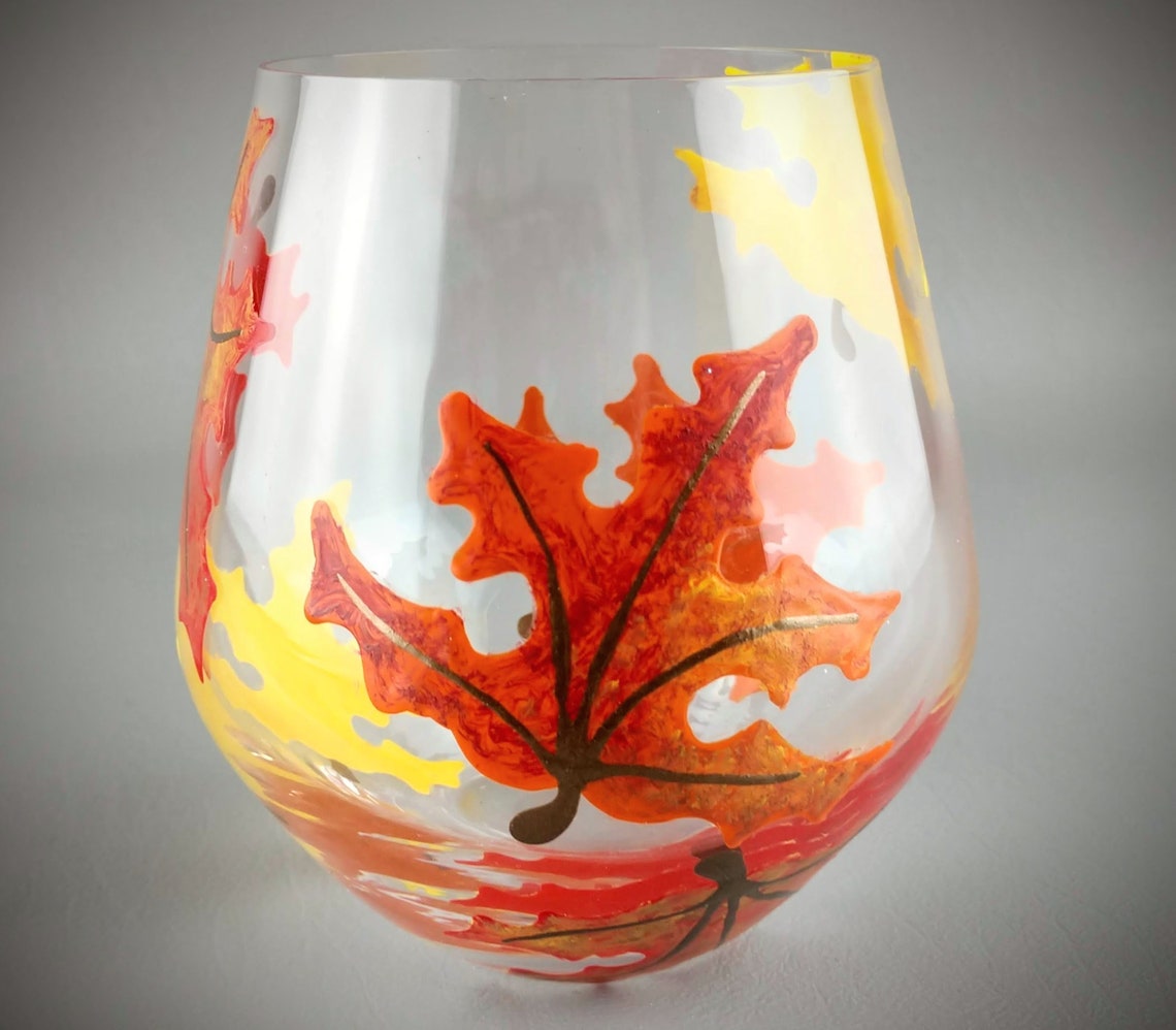 Fall Maple Leaf Stemless Wine Glass Hand Painted Autumn | Etsy